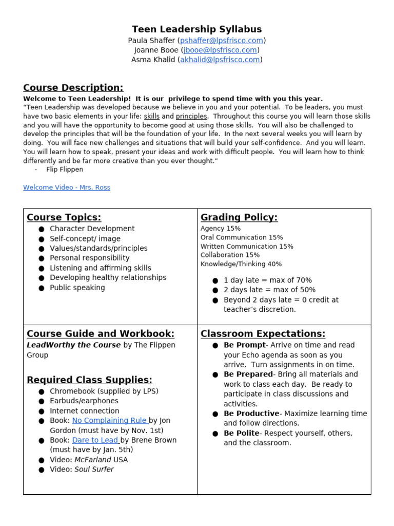 Teen Leadership Syllabus - 2021-2022 | PDF | Leadership | Learning