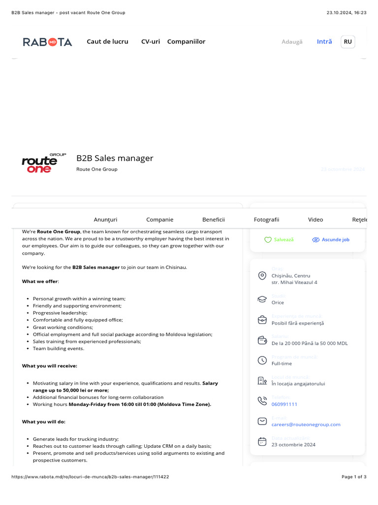 B2B Sales Manager Job in Chisinau | PDF | Employment | Business