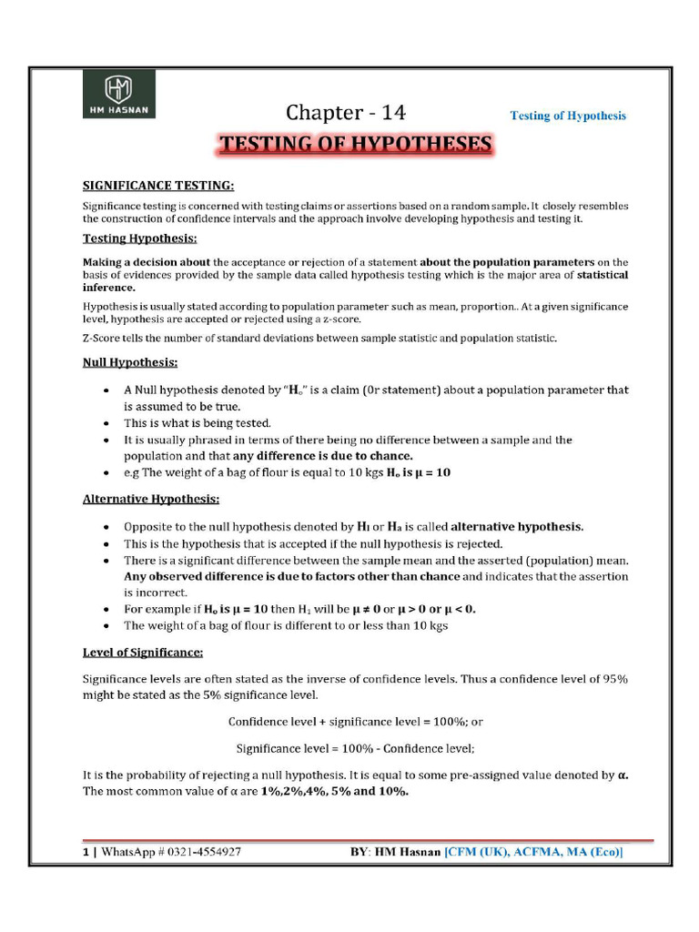 CH-14 Hypothesis Notes by HM Hasnan | PDF