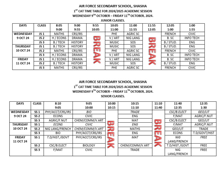 Sha Time Table For 1ST Term Cat 2024 | PDF