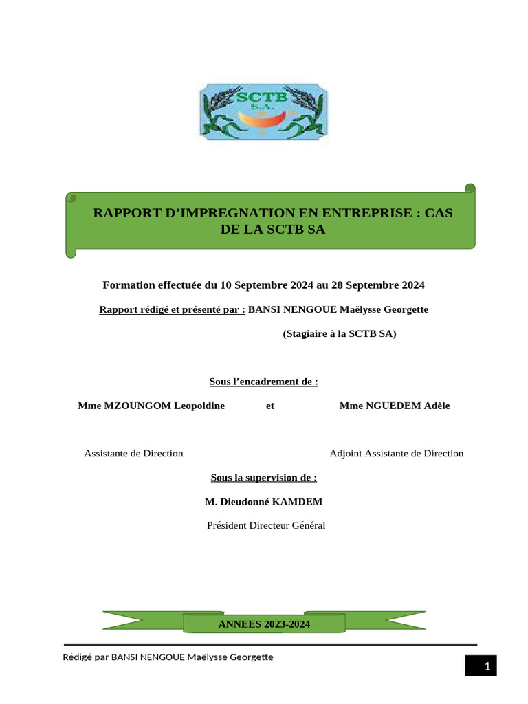Rapport de stage à la SCTB SA | PDF | Secrétaire