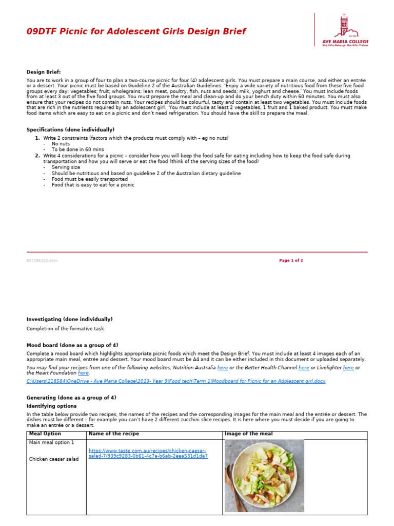 Picnic Meal Plan for Adolescent Girls | PDF | Foods | Meal