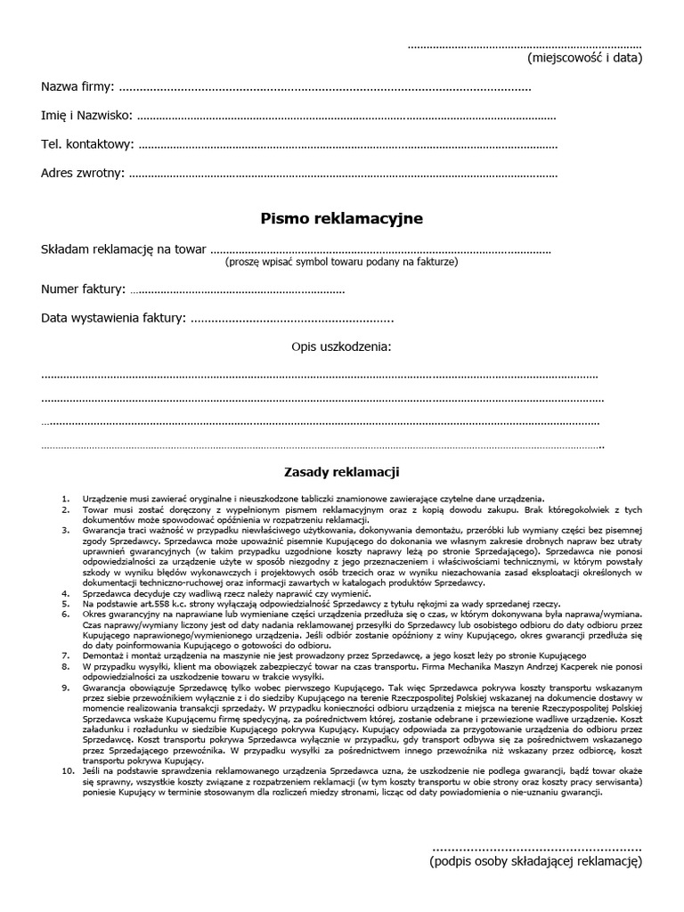 Formularz Reklamacyjny | PDF