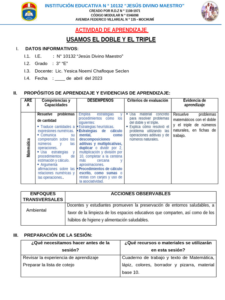 SESION Mat. El Doble y El Triple | PDF | Aprendizaje | Psicología cognitiva