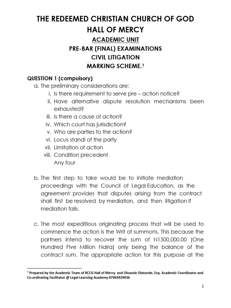 Pre-Bar Exam Marking Scheme: Civil Litigation | PDF | Lawsuit | Summary ...