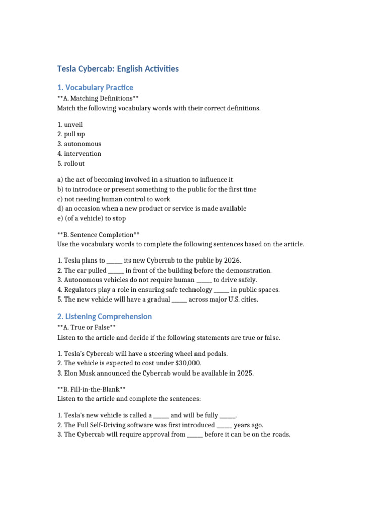 Tesla Cybercab Vocabulary and Activities | PDF