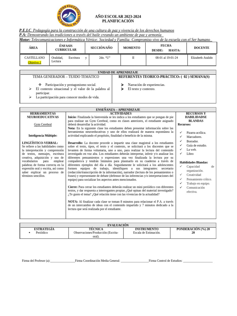 PLANIF. 2do. Año. I MOMENTO-CASTELLANO | PDF | Enseñando | Evaluación