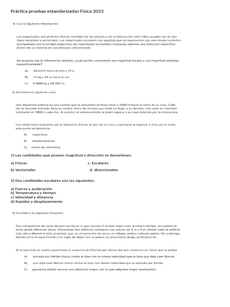 Práctica Pruebas Estandarizadas Física 2023 | PDF | Métodos y materiales de enseñanza