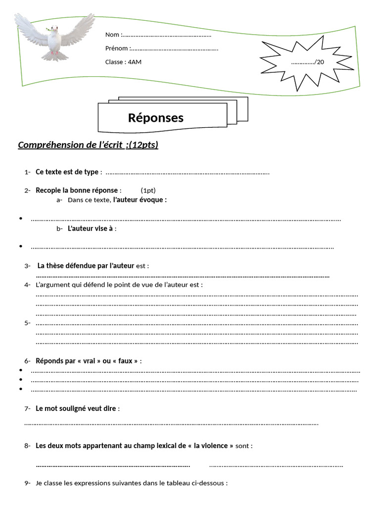 Réponses: Compréhension de L'écrit: (12pts) | PDF
