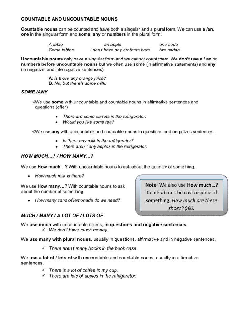Countable vs Uncountable Nouns Worksheet | PDF | Noun | Plural