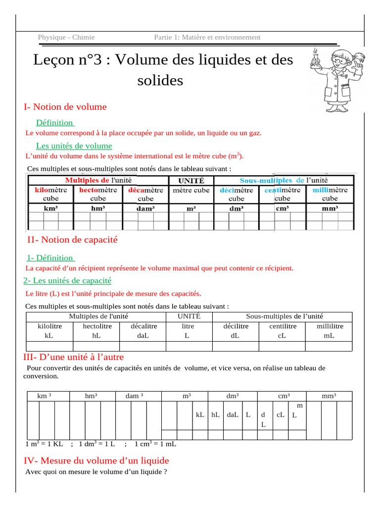 Mesure Du Volume Des Liquides Et Des Solides Cours 1 | PDF | Litre | Le ...