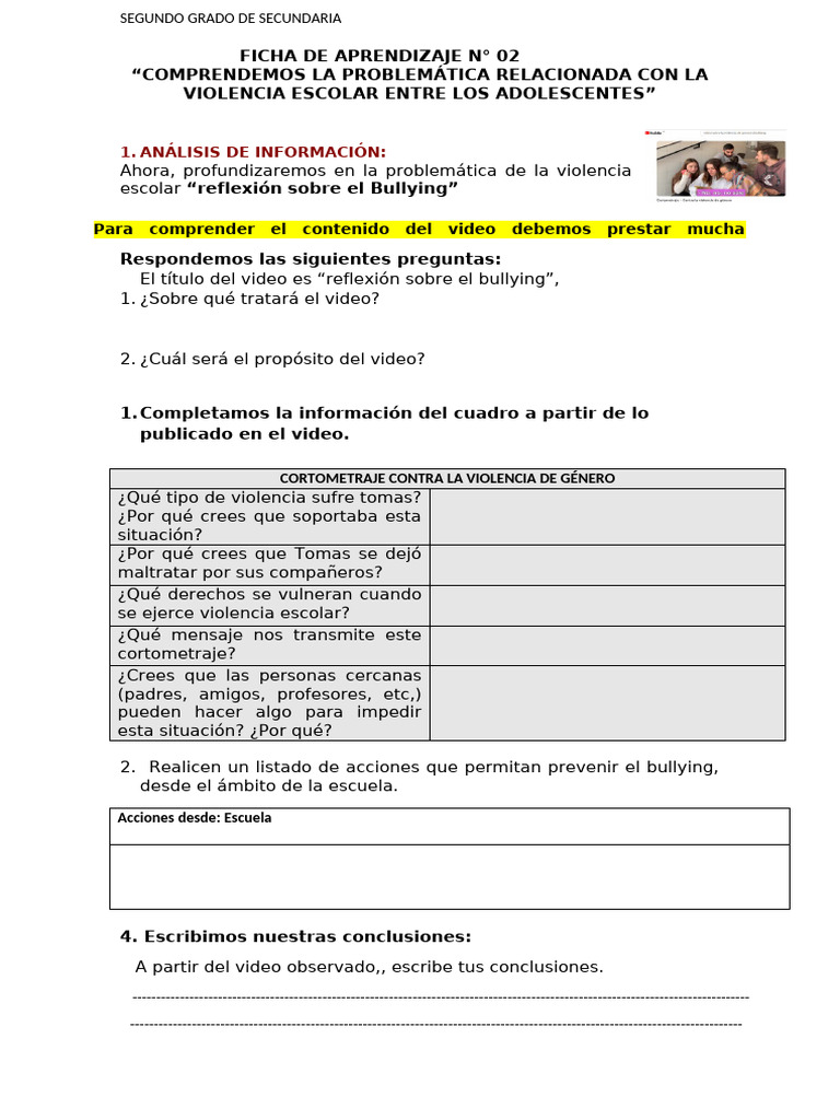 Ficha de Aprendizaje #2 - 5to Grado | PDF