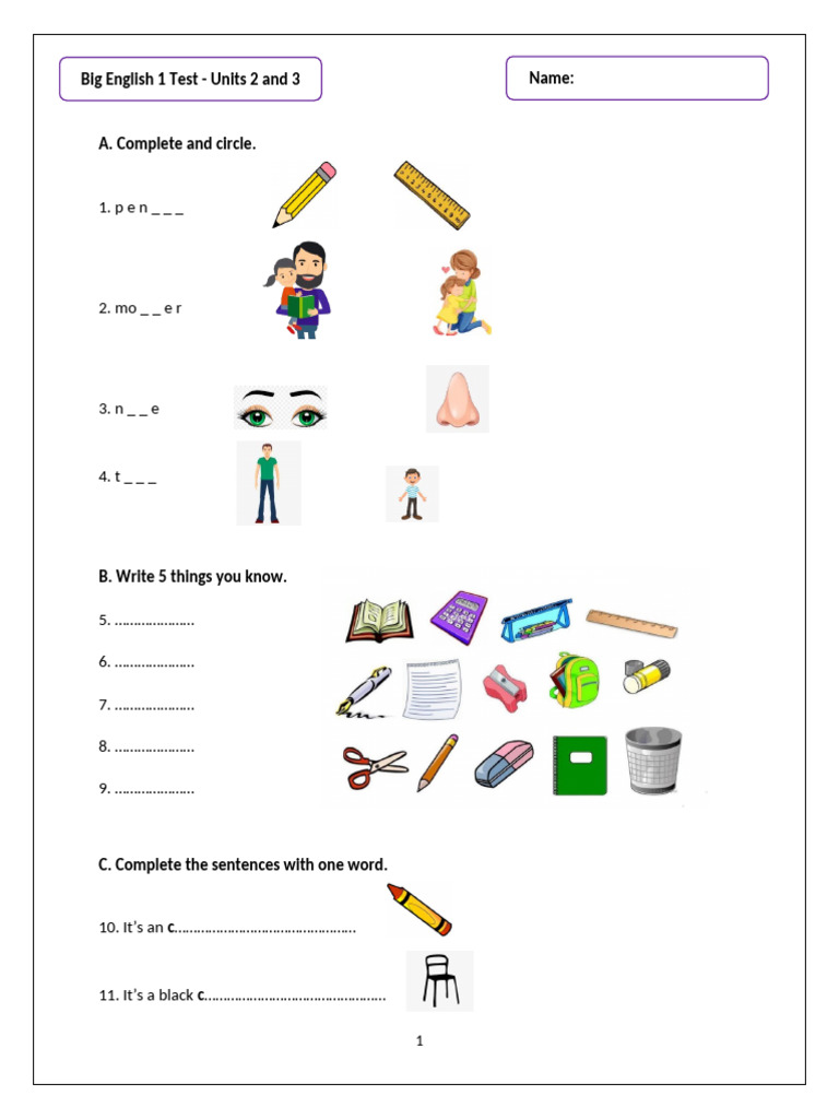 Big English 1 Test: Units 2 & 3 | PDF | Games & Activities | Language ...