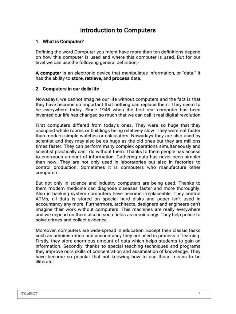 Introduction To Computers-1 | PDF | Computing | Computer Engineering