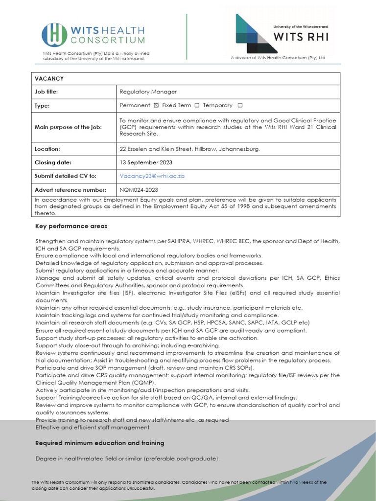 Vacancy - Regulatory Manager - Wits RHI (Research Team) - Sep 2023 ...
