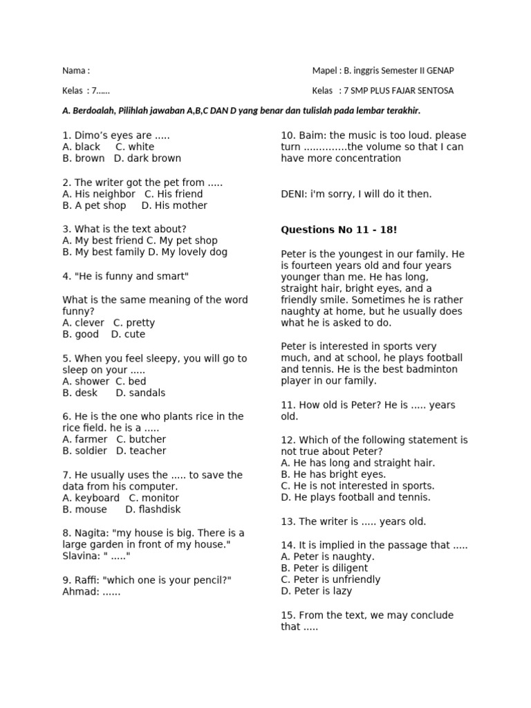 SOAL UAS INGGRIS 7 UAS GENAP AKHIR 22 | PDF