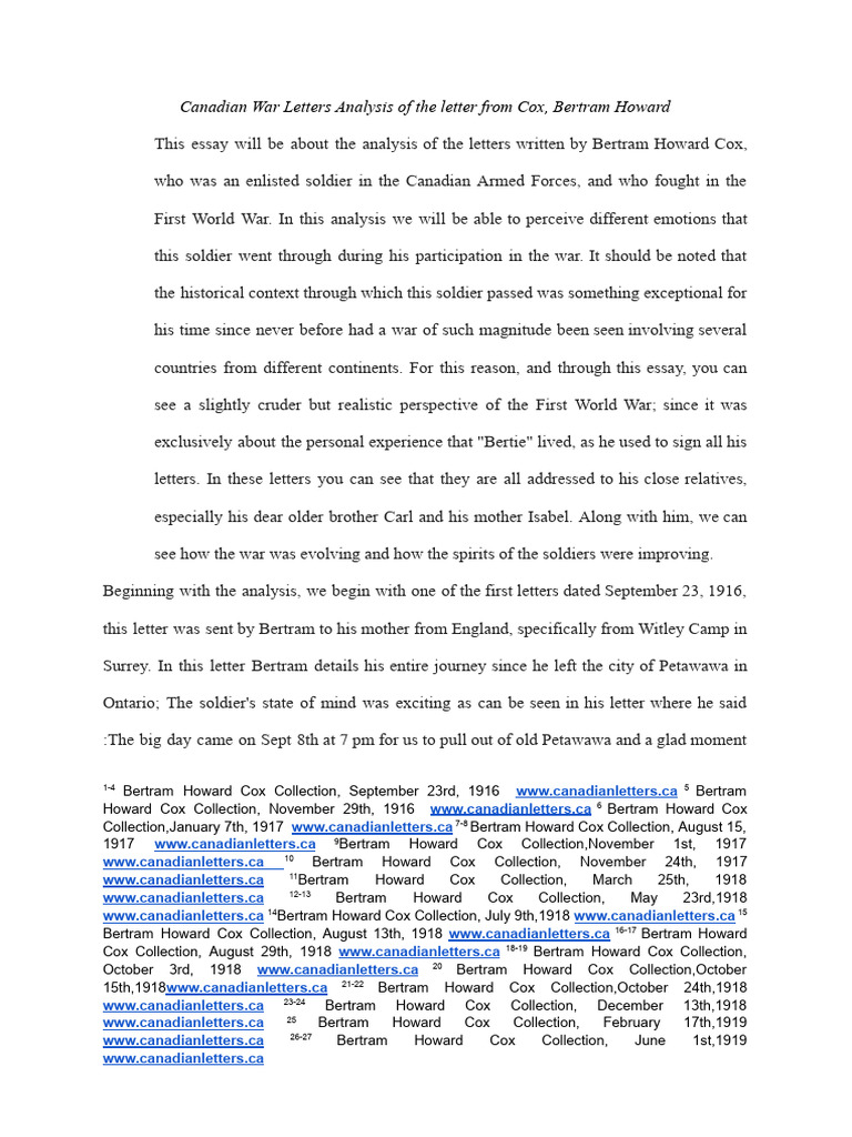 Canadian War Letters Analysis of the letter from Cox, Bertram Howard ...