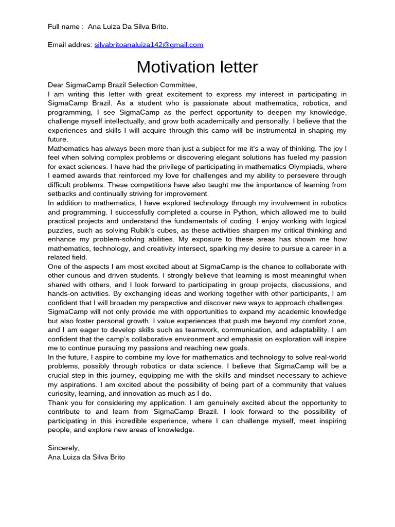 Motivation Letter | PDF | Motivation | Motivational