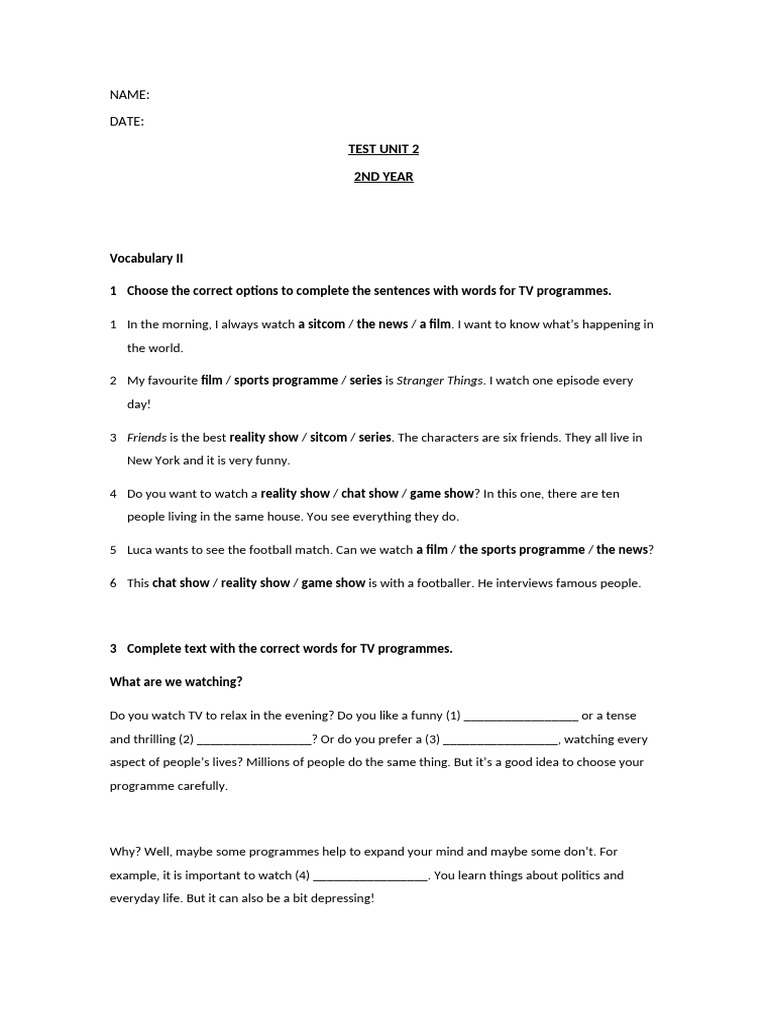 Unit 2 English Test: TV Programmes | PDF