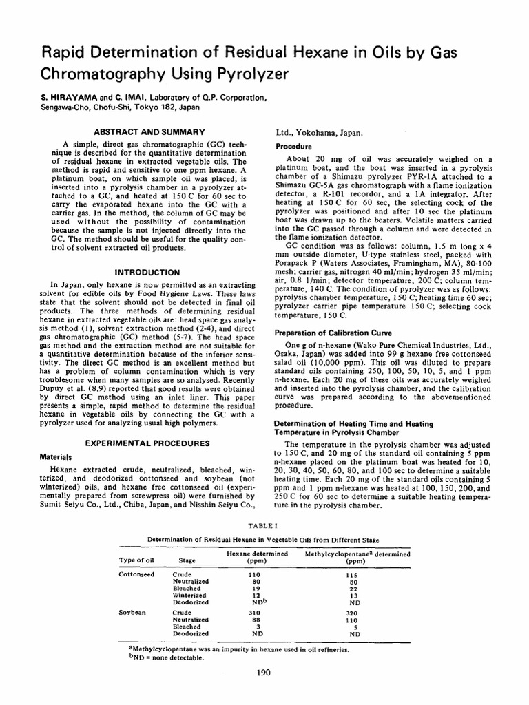 Rapid Determination of Residual Hexane in Oils by Gas Chromatography Using Pyrolyzer | PDF | Gas ...