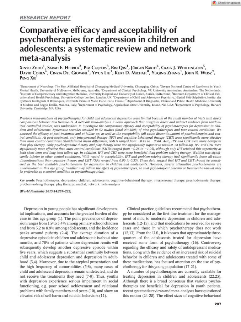 Comparative Efficacy and Acceptability of Psychotherapies For Depression in Children and ...
