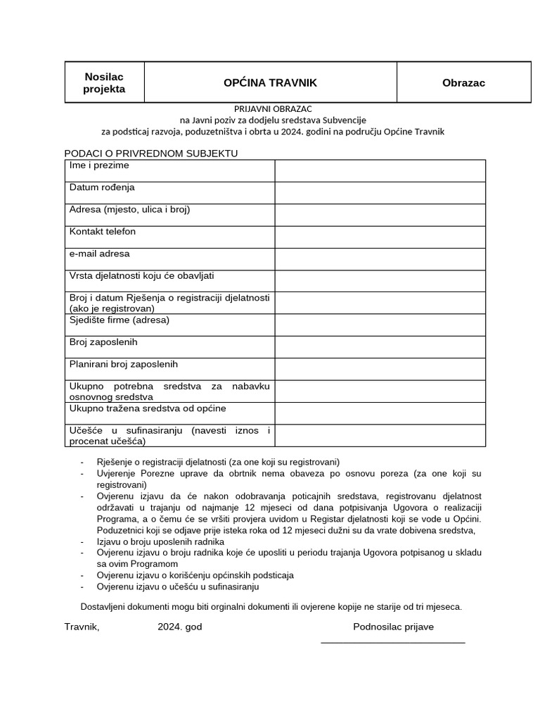 PRIJAVNI OBRAZAC Poticaji 2024 | PDF