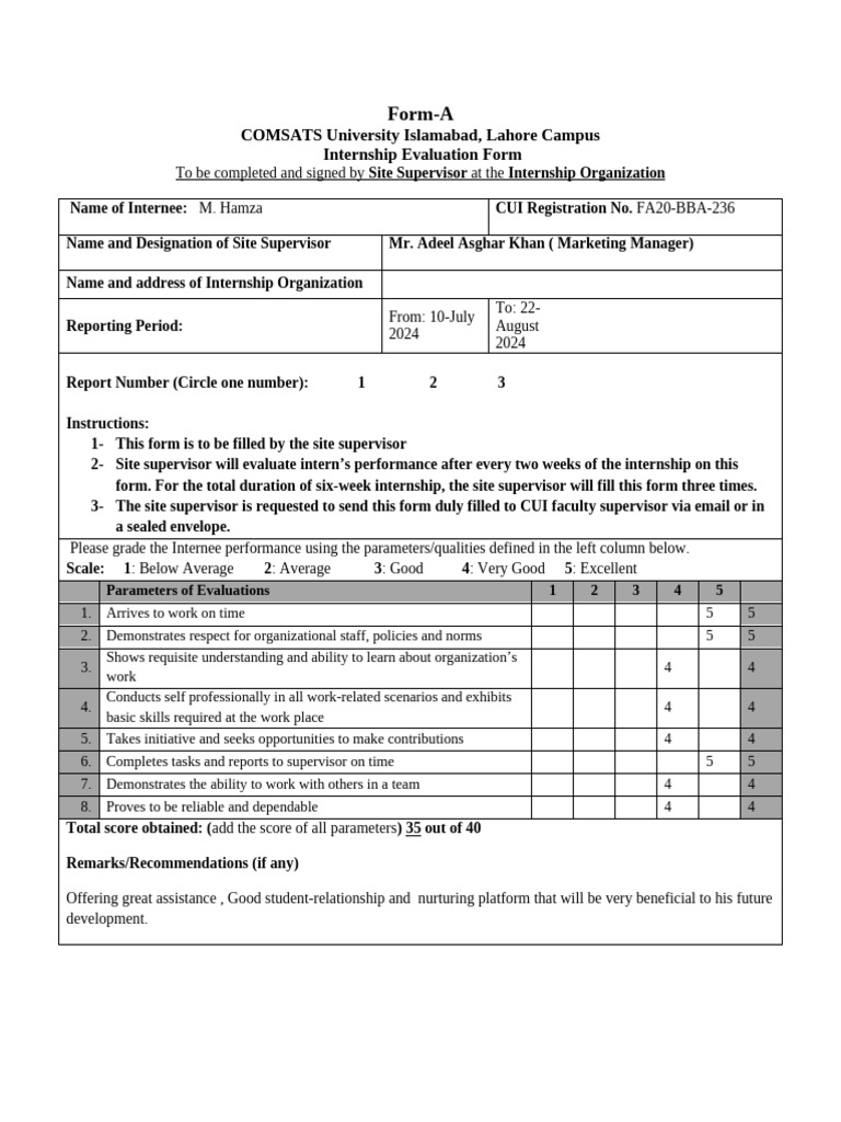 Form-A Site Supervisor Evaluation | PDF