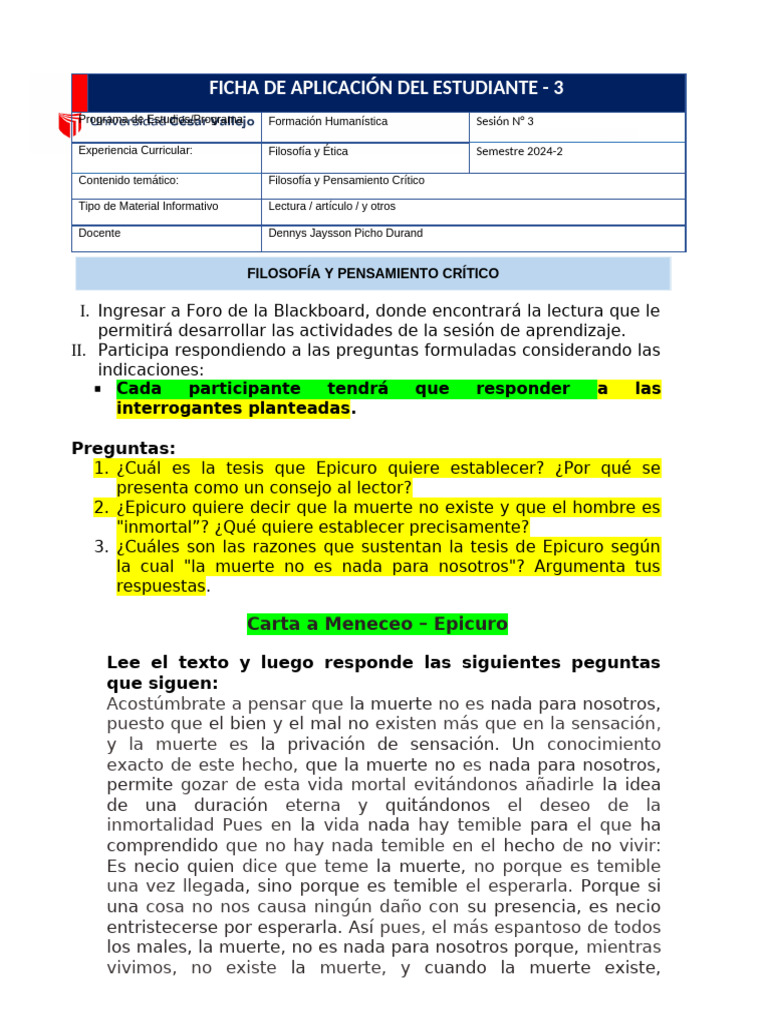 Ficha de Aplicaci N Sesi N 3 | PDF | Pensamiento crítico
