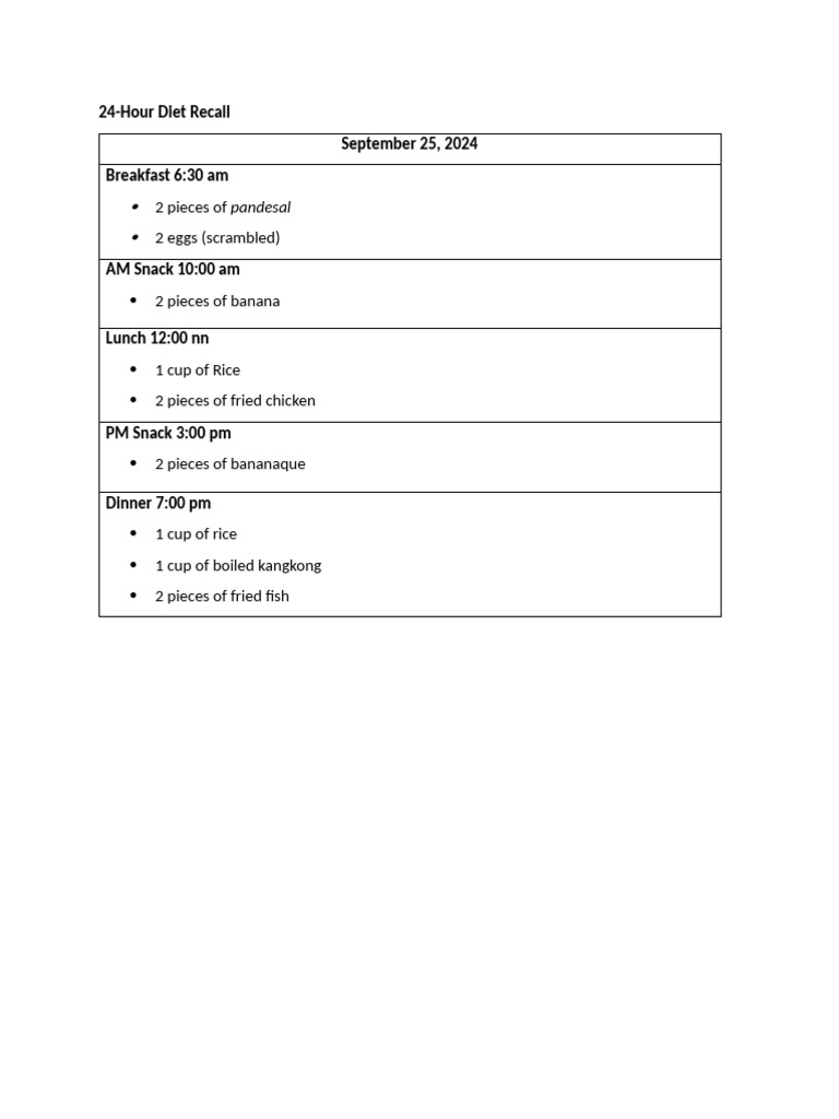 24 Hour Diet Recall | PDF