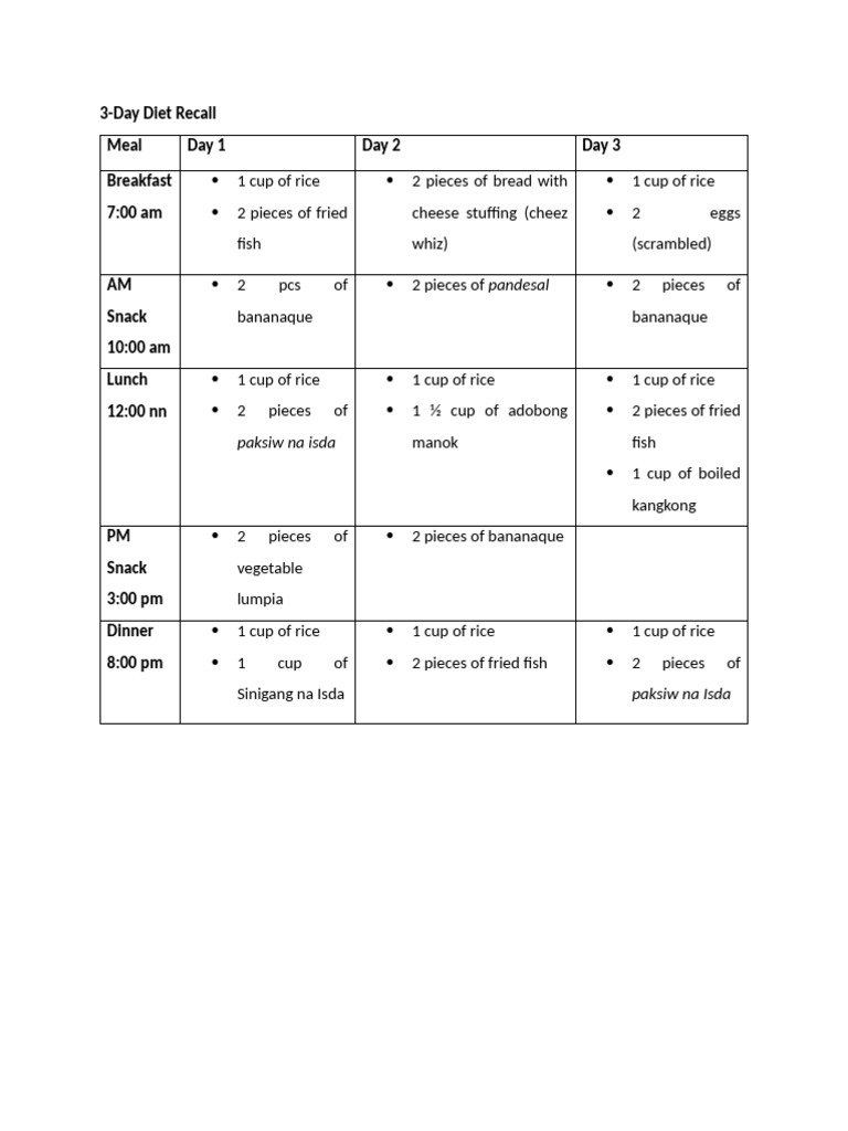 3 day diet recall | PDF