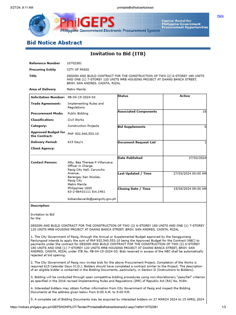 1.Itb-pb-04!15!2024-03-Design and Build MRB Housing Daang Banca | PDF ...