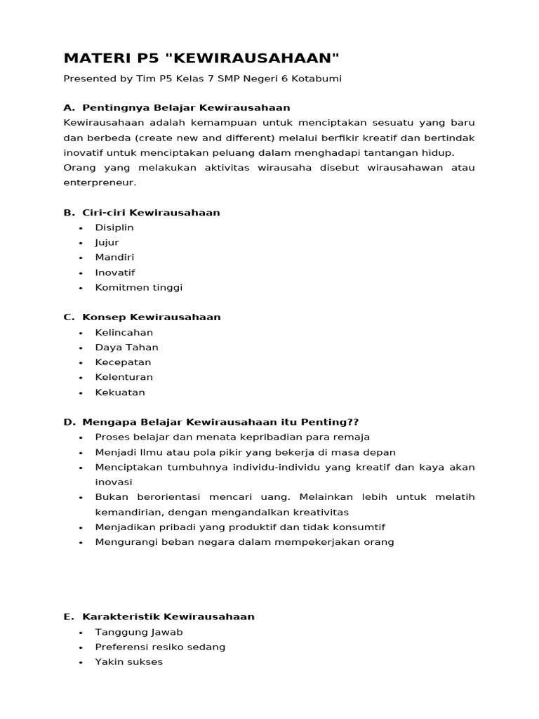 Materi Kewirausahaan untuk P5 SMP | PDF