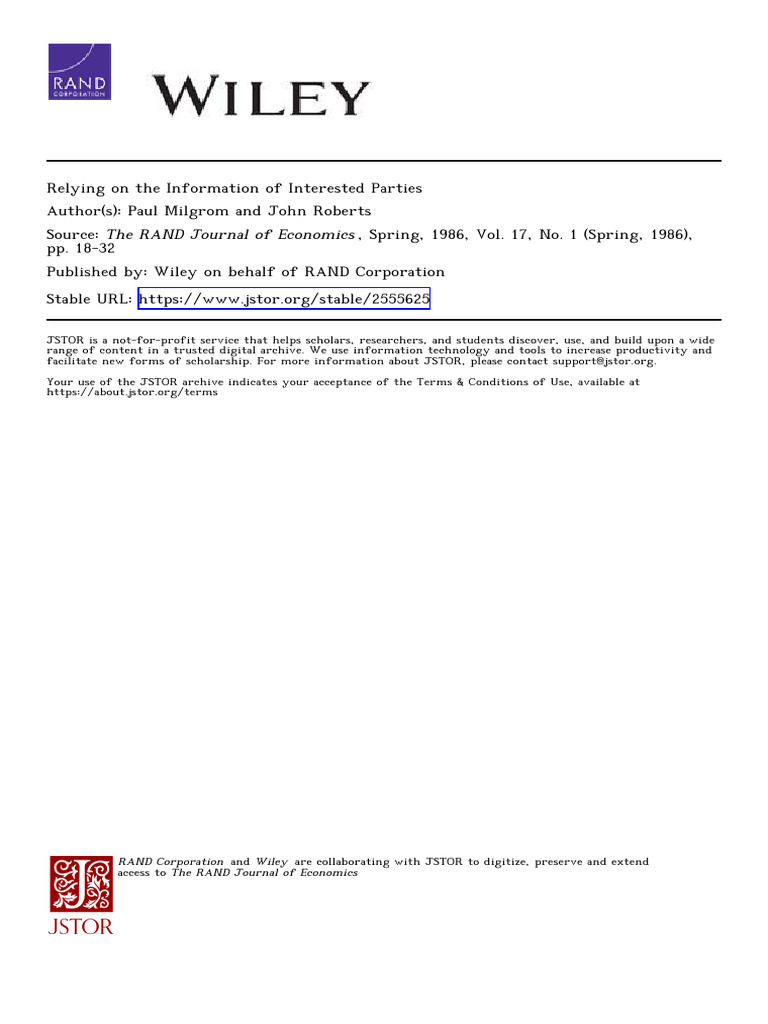 Milgrom RelyingInformationInterested 1986 | PDF | Economic Equilibrium ...