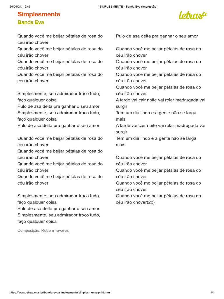 Simplesmente - Banda Eva (Impressão) | PDF | Poesia