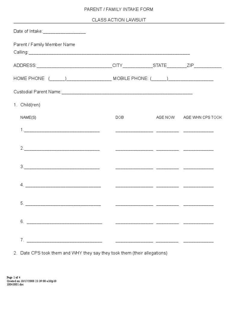 CPS Parent Intake Form Guide | PDF | Lawsuit | Social Institutions