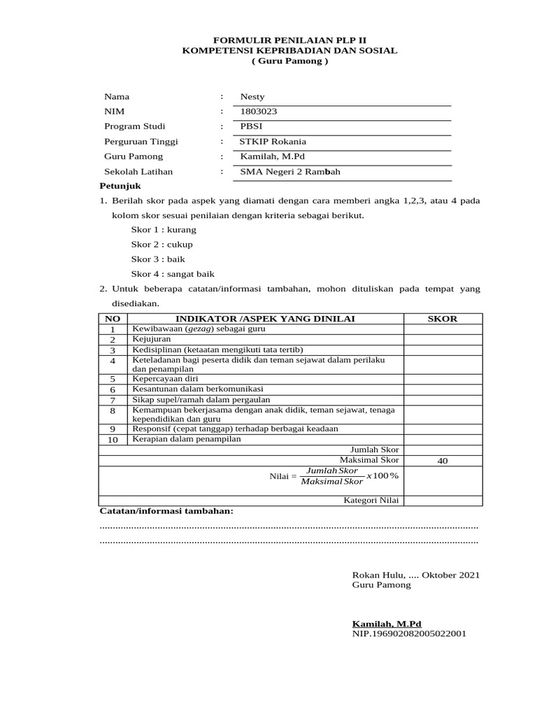 FORM_PENILAIAN_PLP_2_Pamong | PDF