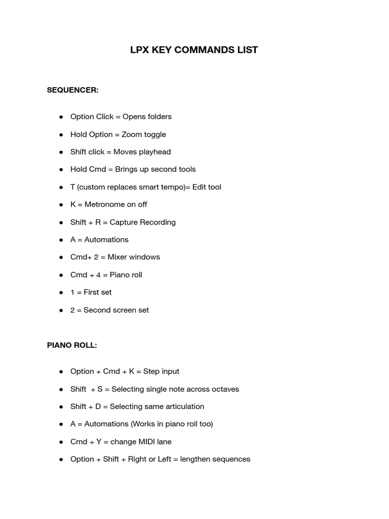 Logic Pro X Key Commands Guide | PDF