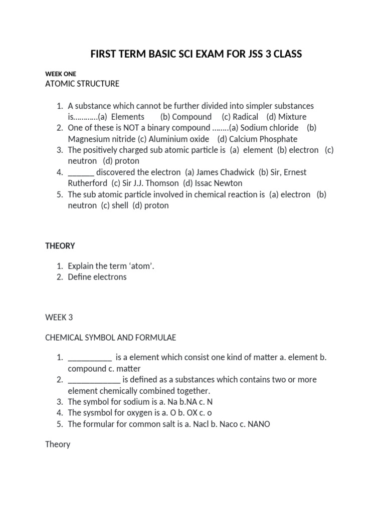 BASIC EXAM JSS 3 | PDF | Chemistry | Chemical Compounds