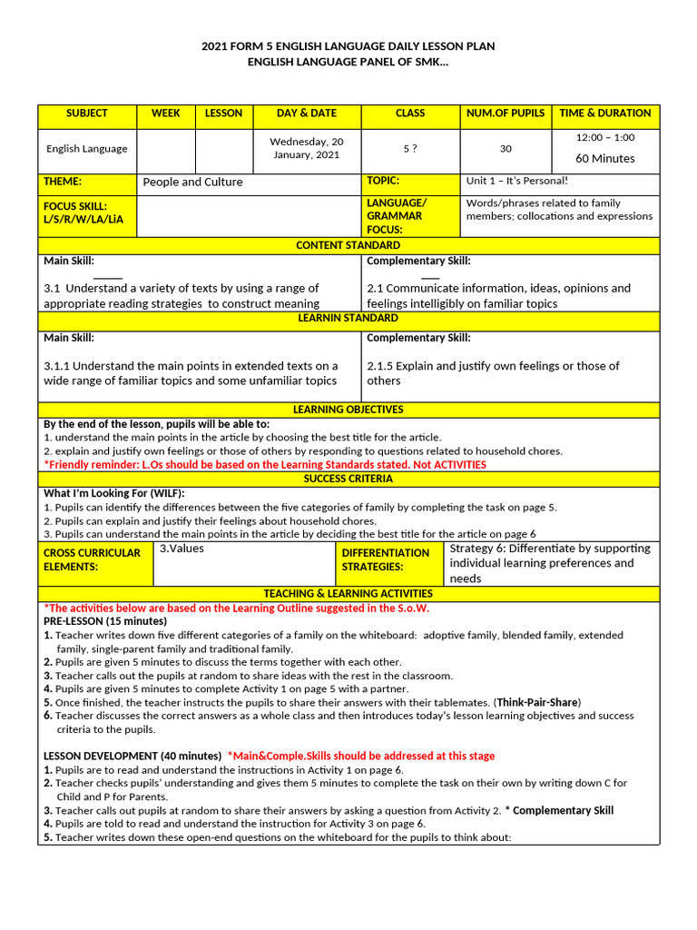 2021 FORM5 KSSM SAMPLE LP | PDF | Teachers | Lesson Plan