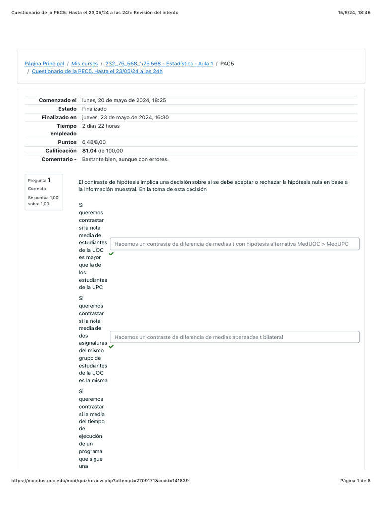 2024 - Cuestionario de La PEC5 | PDF | Valor P | Error estándar