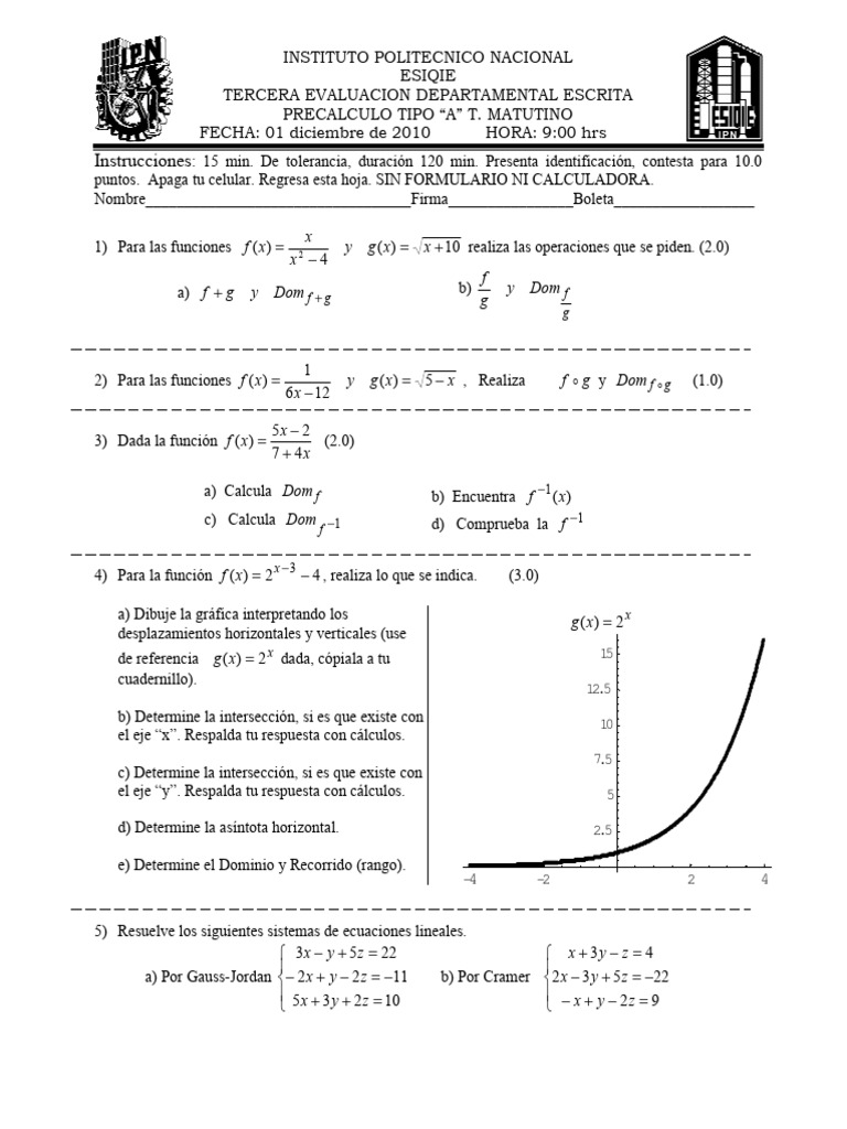 Examen Precálculo ESIQIE IPN 2010 | PDF | Análisis matemático | Matemáticas
