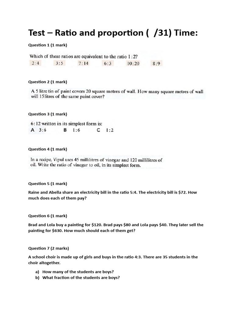 Ratio and Proportion Test Questions | PDF
