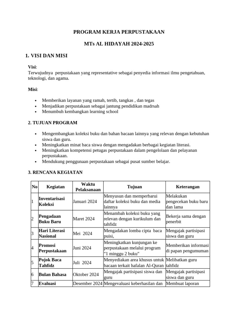Program Perpustakaan MTs 2024-2025 | PDF