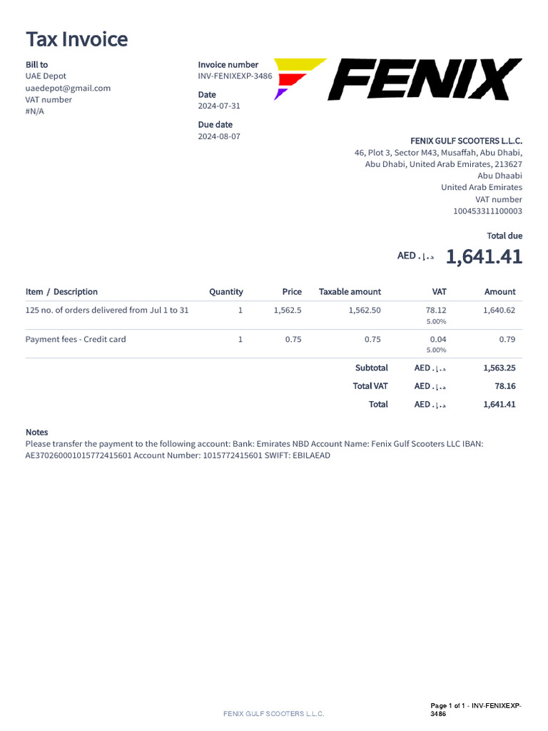 UAE Depot Invoice INV-FENIXEXP-3486 | PDF | Invoice | United Arab Emirates