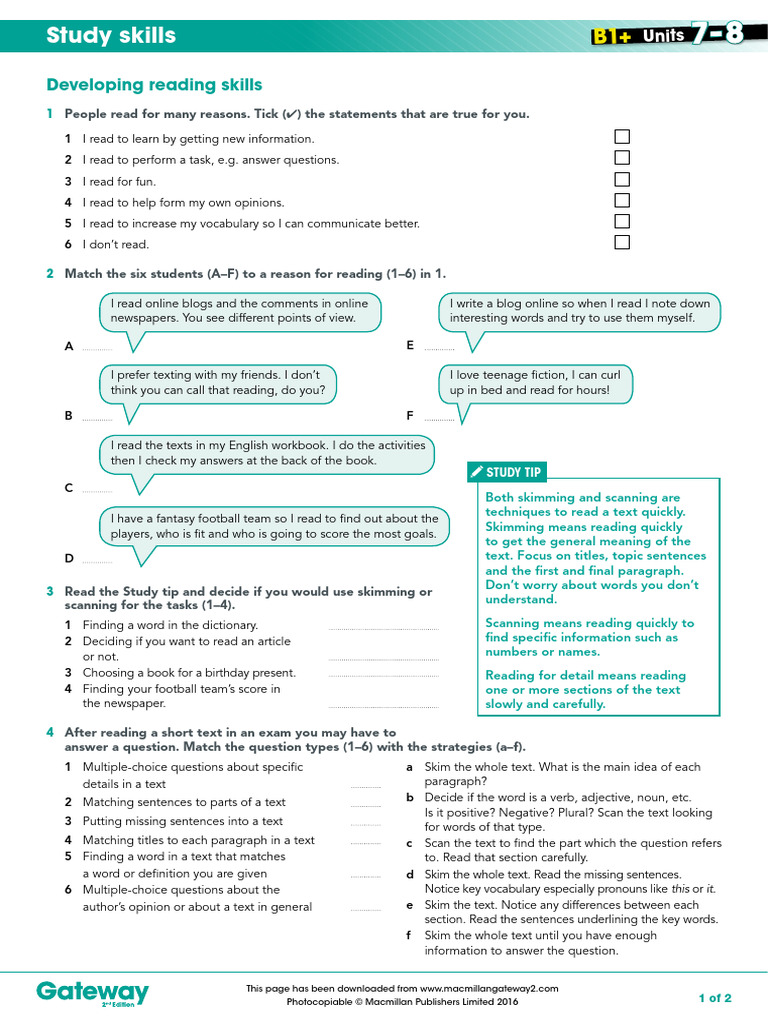 B1+ UNITS 7 and 8 Study Skills | PDF | Speed Reading | Linguistic Morphology