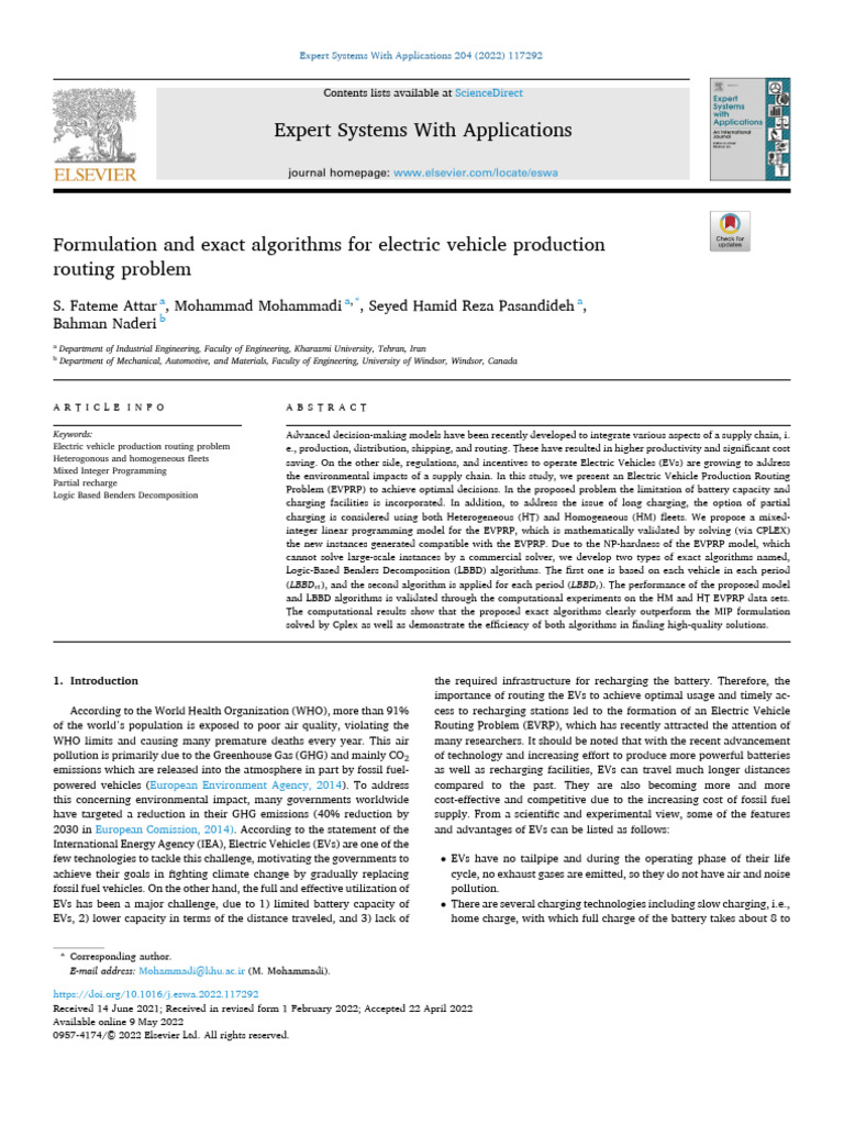 Formulation and Exact Algorithms For Electric Vehicle Production Routing Problem | PDF ...