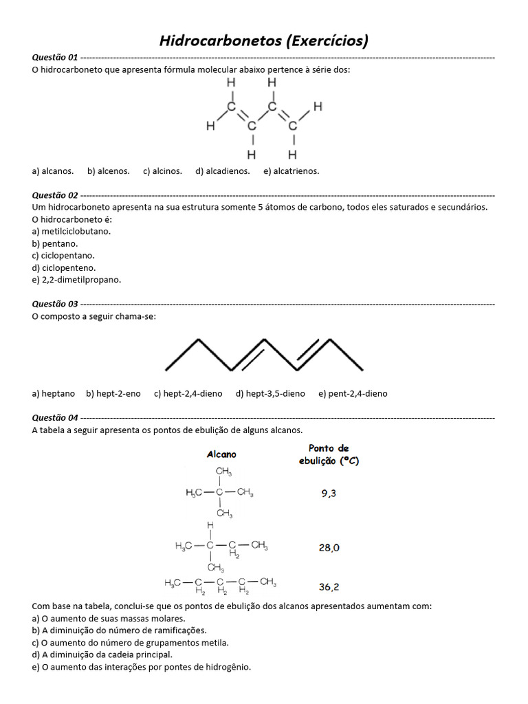 Exercícios sobre Nomenclatura de Hidrocarbonetos | PDF | Alcano ...