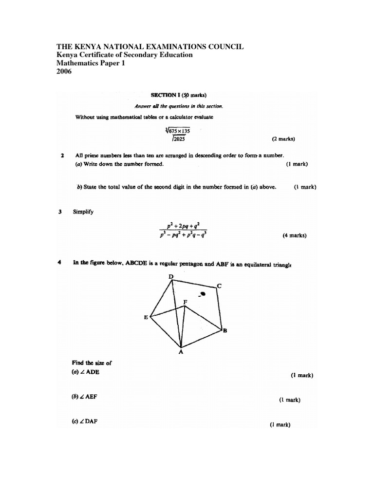 Kcse 2006 Mathematics Paper 1 | PDF | Kenya | Secondary Education