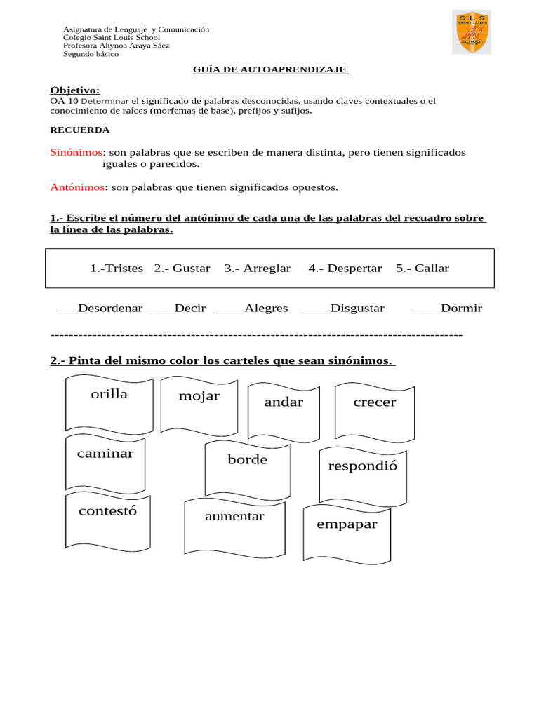 Guía de Sinónimos y Antónimos para 2º Básico | PDF