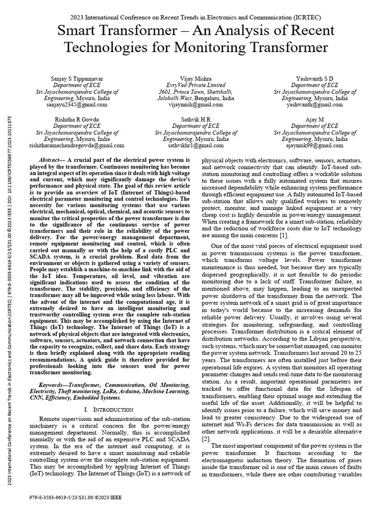 Smart Transformer An Analysis Of Recent Technologies For Monitoring